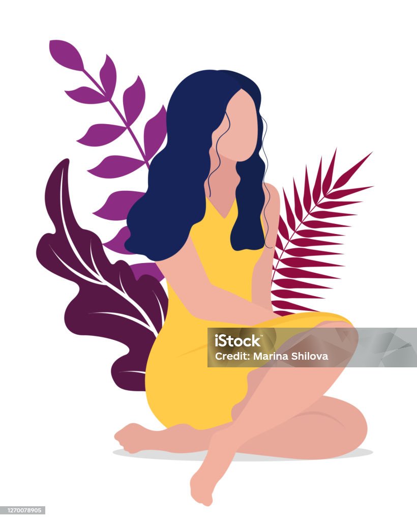 Vector Illustration Of A Young Cute Woman Or Girl In A Yellow Dress