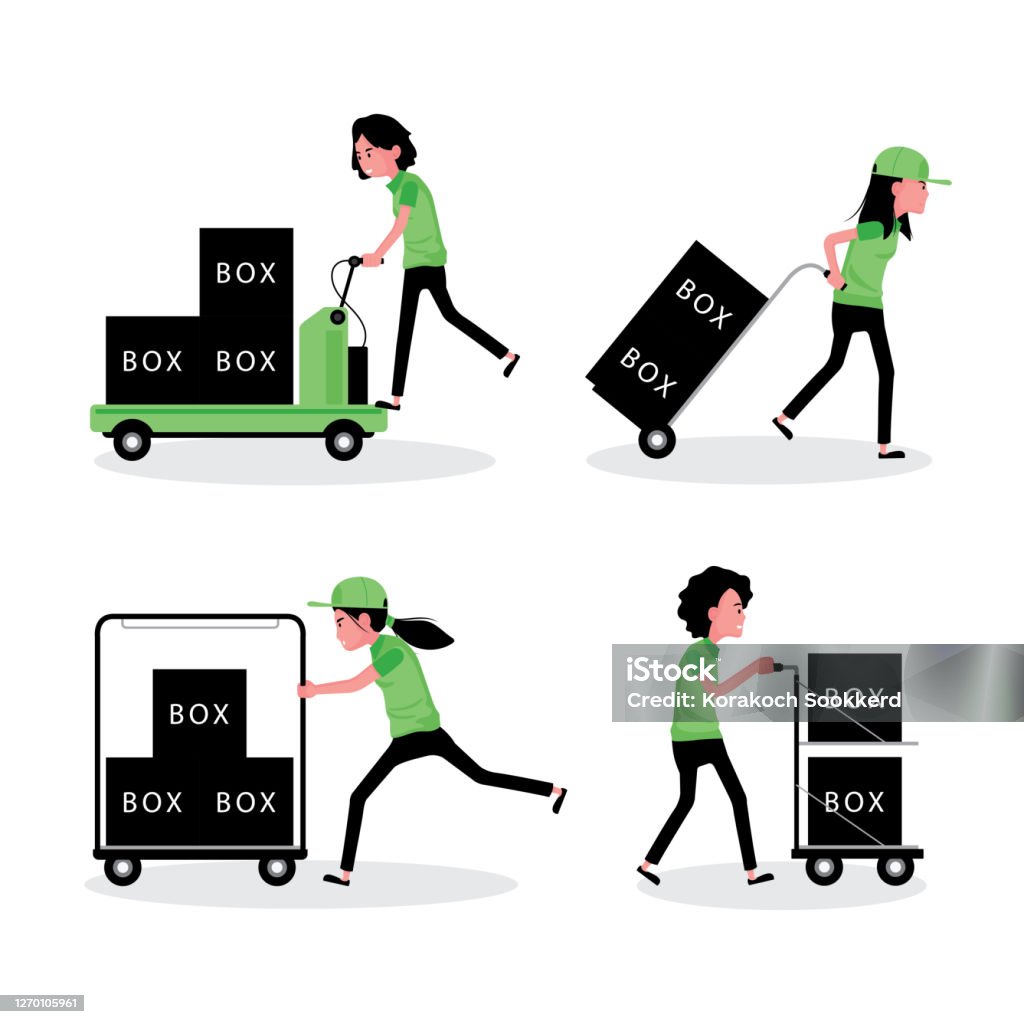 Seperangkat Karakter Kartun Bisnis Logistik Menampilkan Orangorang Mendorong Dan Menarik Troli
