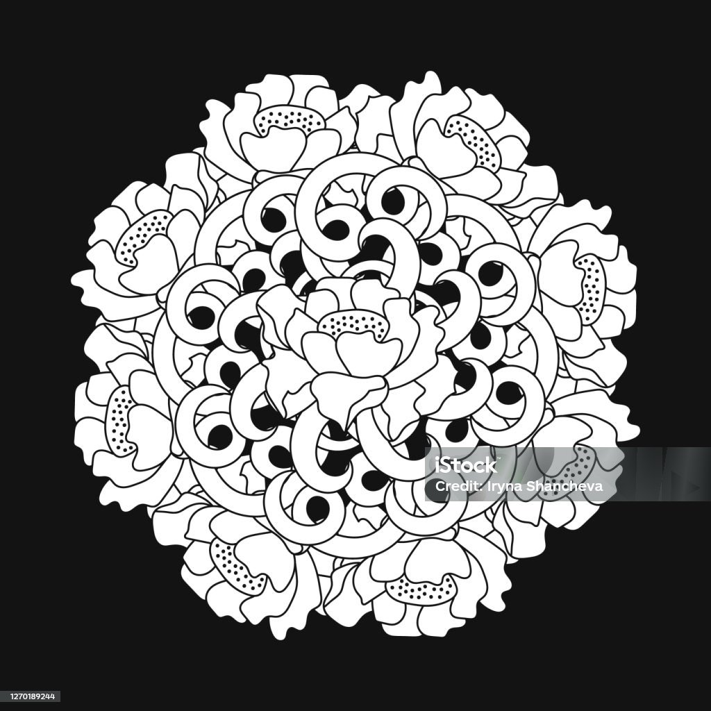 Doodle Bunga Antitank Dengan Daun Dan Gelombang Mandala Mewarnai Buku
