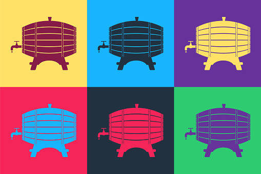 Pop Art Baril En Bois Sur Rack Avec Icône Stopcock Isolé Sur Fond De
