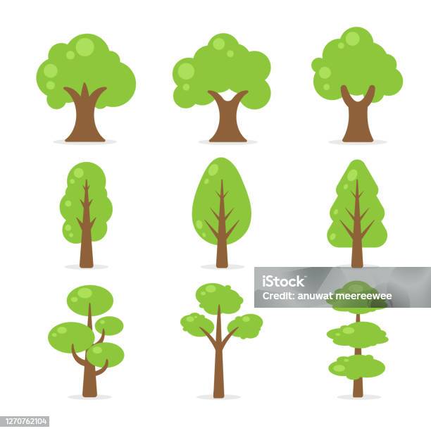 Collection Darbres Plats Formes Simples Darbres Verts Isolés Sur Fond