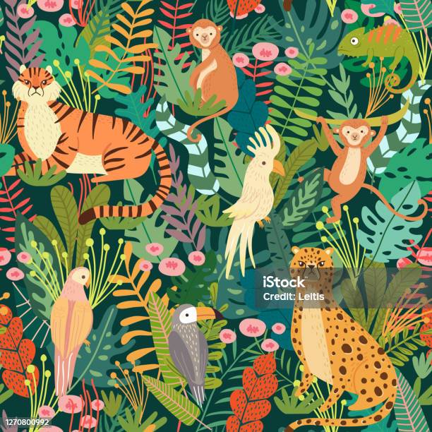 Pola Mulus Dengan Hewan Tropis Dan Burung Di Hutan Ilustrasi Stok ... Pola Mulus Dengan Hewan Tropis Dan Burung Di Hutan Ilustrasi Stok ...
