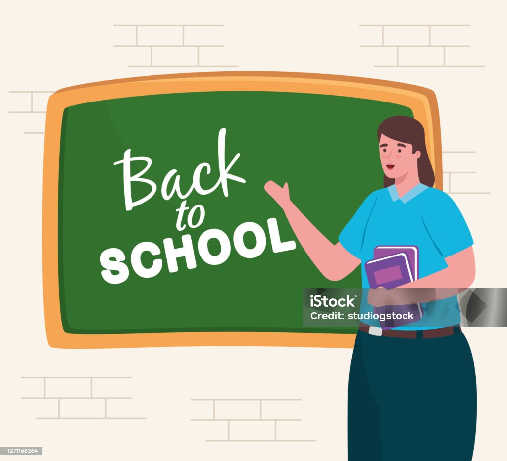 Bannière De Retour À Lécole Avec Lenseignante Et Le Tableau Vecteurs