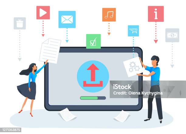 Konsep Vektor Mengunggah Proses File Di Layar Desktop Dengan Bilah