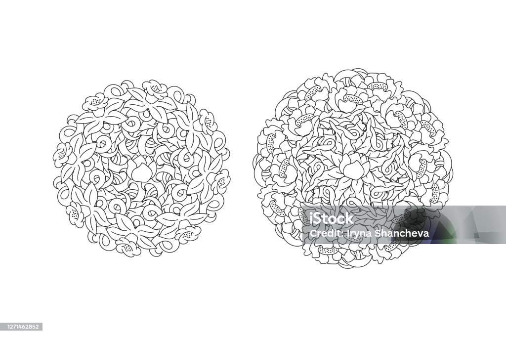 Doodle Antistress Bunga Dengan Daun Dan Ombak Mandala Set Mewarnai Buku