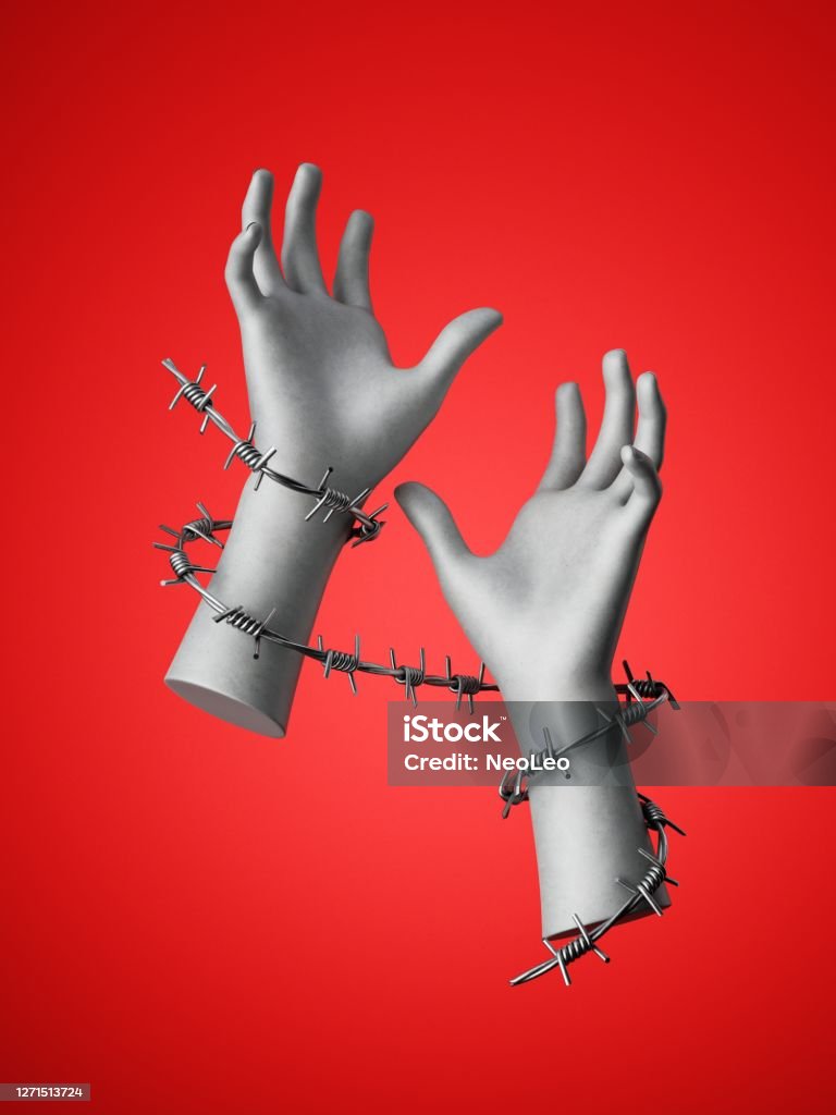 3d Render Hands Wrapped With Barbed Wire Isolated On Red Background