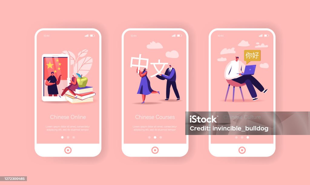 Karakter Mempelajari Kursus Bahasa Tionghoa Halaman Aplikasi Seluler Onboard Screen Template