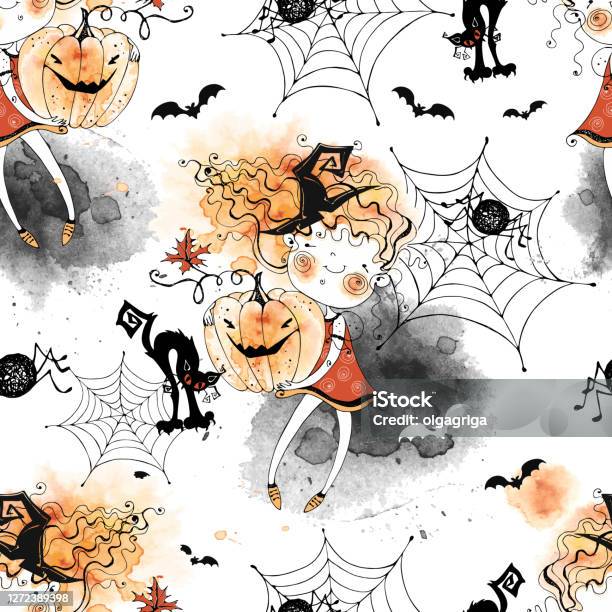 Pola Mulus Pada Tema Liburan Halloween Dengan Penyihir Gadis Berambut