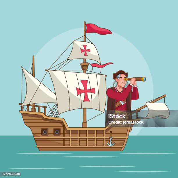 Columbus Day Celebration Of Christopher Using Telescope In Caravel columbus-day-celebration-of-christopher-using-telescope-in-caravel