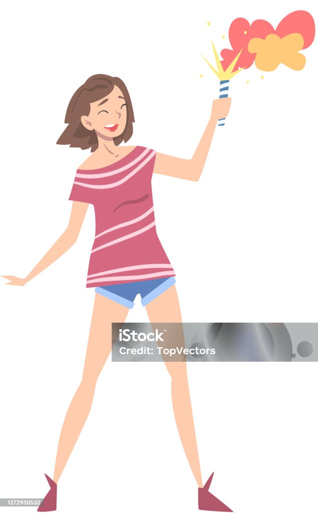 Mutlu Kız Yanan Havai Fişek Holding Teenage Girl Tatil Karikatür Stil