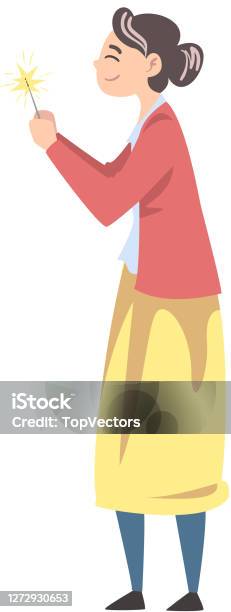 Olgun Kadın Tutarak Yanan Sparkler Kişi Tatil Karikatür Stil Vektör