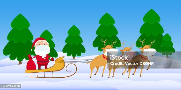 Santa Claus Memakai Topeng Medis Naik Kereta Luncur Rusa Kartun