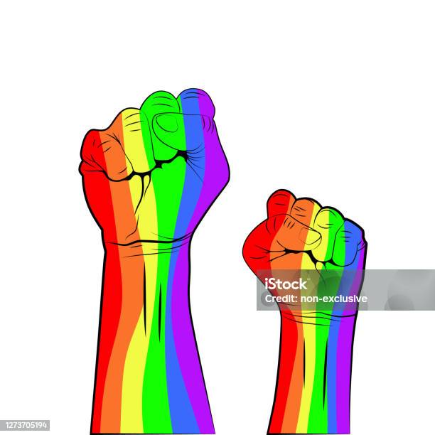 Vetores De Orgulho Gay Conceito Lgbt Mão Colorida De Arcoíris Com Punho