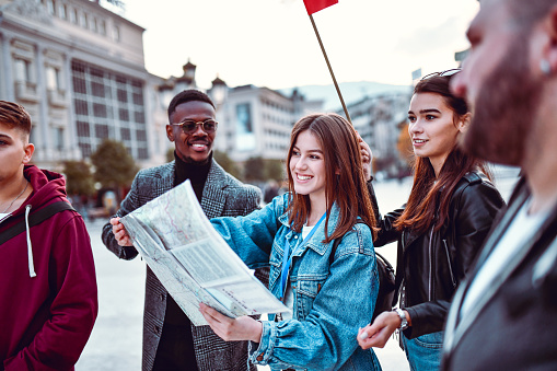 Tourists Finding Their Way In City With Brochure Map Stock Photo ... Tourists Finding Their Way In City With Brochure Map Stock Photo ...