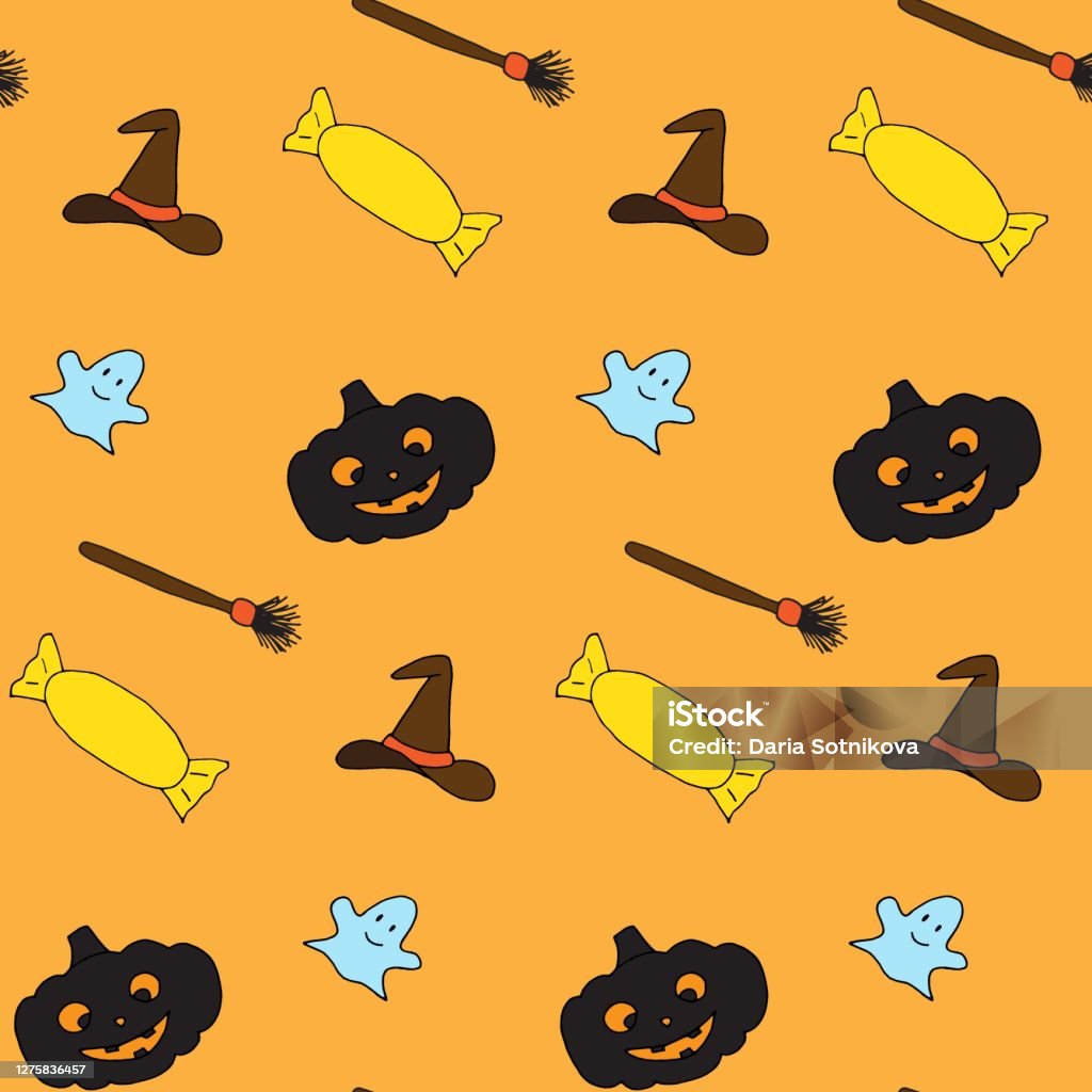 Lucu Halloween Pola Mulus Desain Warnawarni Pada Oranye Hantu Tersenyum
