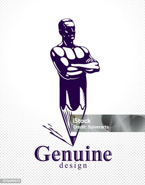 Homme De Muscle Dhomme Fort Combiné Avec Le Crayon Dans Un Symbole