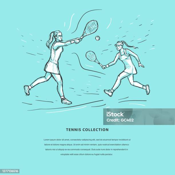 Tenis Sketsa Tangan Digambar Vektor Template Pemain Tenis Wanita Konsep