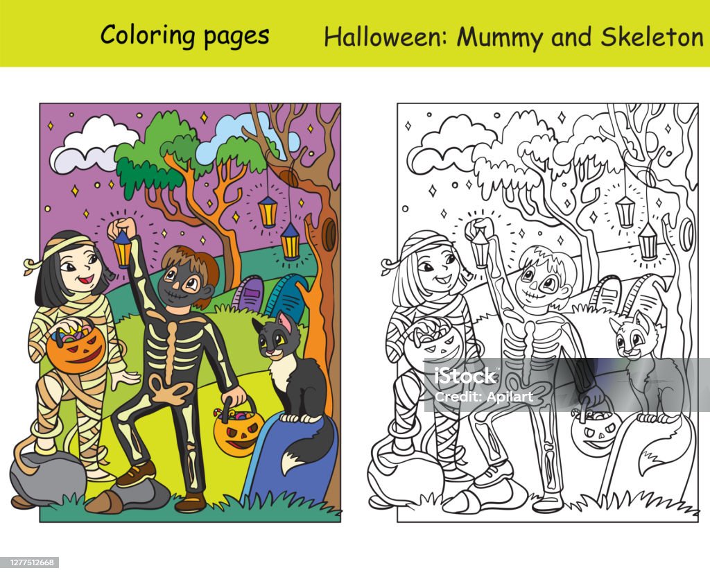 Mewarnai Dengan Contoh Berwarna Mumi Dan Kerangka Halloween Ilustrasi ... Mewarnai Dengan Contoh Berwarna Mumi Dan Kerangka Halloween Ilustrasi ...