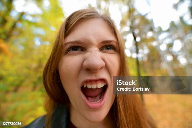Portrait Of Crazy Screaming Young Woman The Redhaired Girl With Her