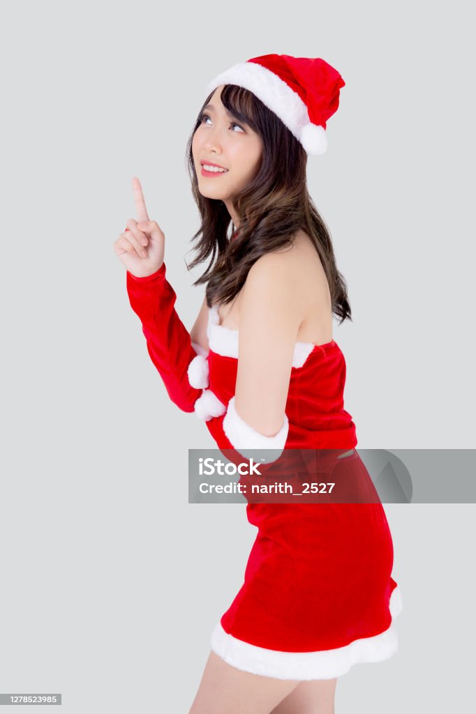Beautiful Portrait Young Asian Woman Santa Costume Smiling Present