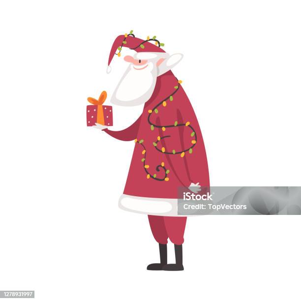 Karakter Santa Claus Natal Lucu Dengan Kotak Hadiah Simbol Xmas Dan