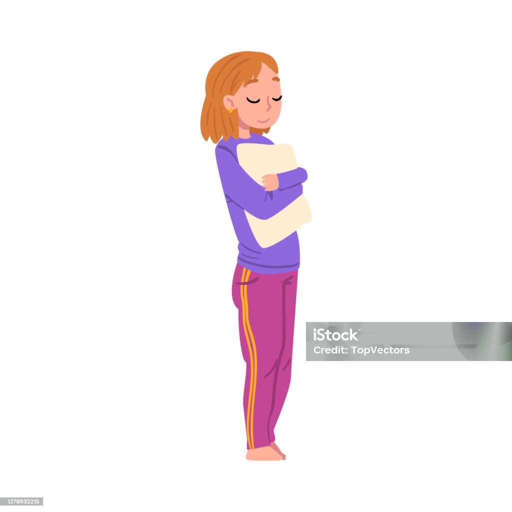 Slumber Party Cute Girl In Pajamas Hugging Pillow Cartoon Style Vector