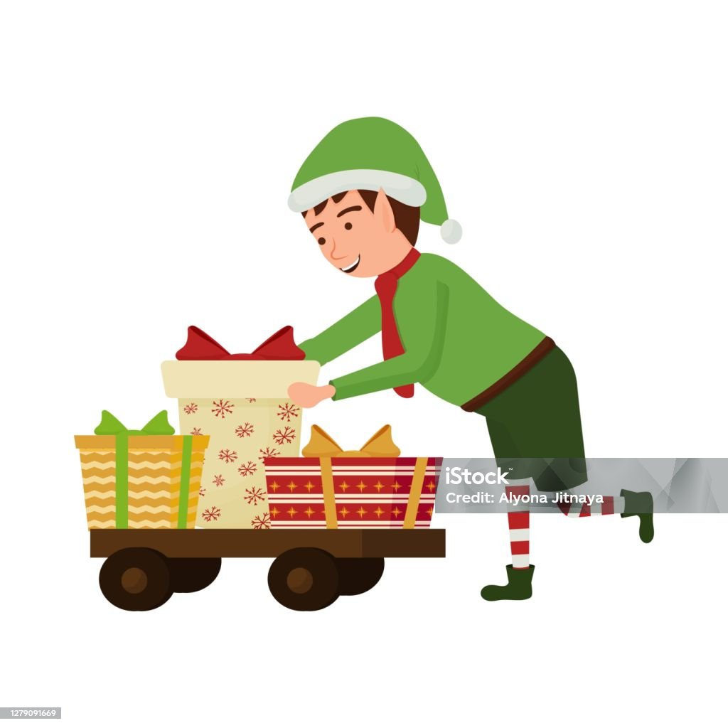 Elf Natal Karakter Mengangkut Kotak Dengan Hadiah Pada Truk Kayu ... Elf Natal Karakter Mengangkut Kotak Dengan Hadiah Pada Truk Kayu ...