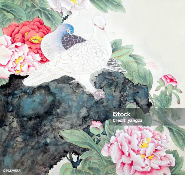 Lukisan Tradisional Cina Bunga Dan Burung Ilustrasi Stok Unduh Gambar