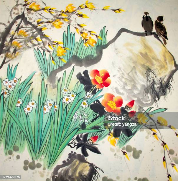 Lukisan Tradisional Cina Bunga Dan Burung Ilustrasi Stok Unduh Gambar