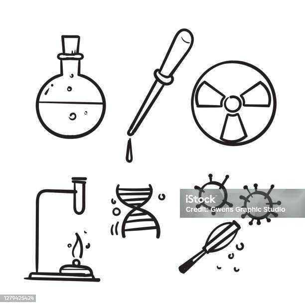 Ensemble Dessiné À La Main De Laboratoire De Chimie Et Dicônes
