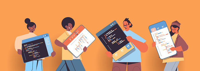 Mix Race Web Developers Creating Program Code Development Of Software And Programming Concept