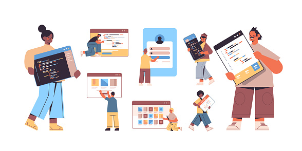 Set Mix Race Web Developers Creating Program Code Application Development Software Programming