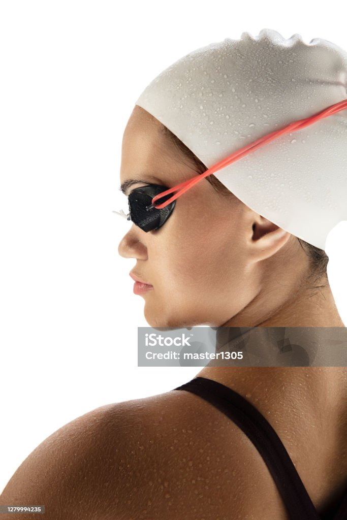 Beautiful Dwarf Woman Practicing In Swimming Isolated On White