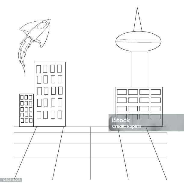 Sketsa Lanskap Fantasi Perkotaan Dengan Gedung Pencakar Langit Dan ... Sketsa Lanskap Fantasi Perkotaan Dengan Gedung Pencakar Langit Dan ...