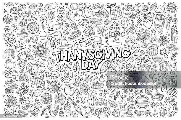 Sketsa Tangan Digambar Doodle Kartun Set Objek Thanksgiving Dan Simbol
