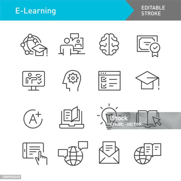Elearning Icons Line Series Editable Stroke Stock Illustration
