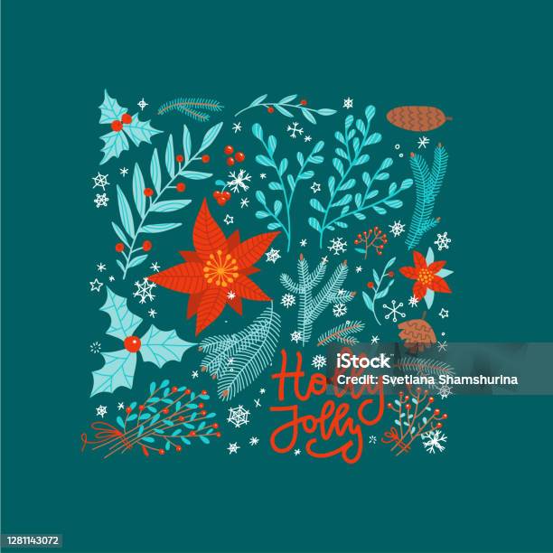 Holly Jolly Kartu Ucapan Natal Dengan Alunalun Bertekanan Dengan Bunga