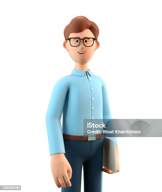 Tablet Ile Gülümseyen Mutlu Adam 3d Illüstrasyon Karikatür Beyaz Arka