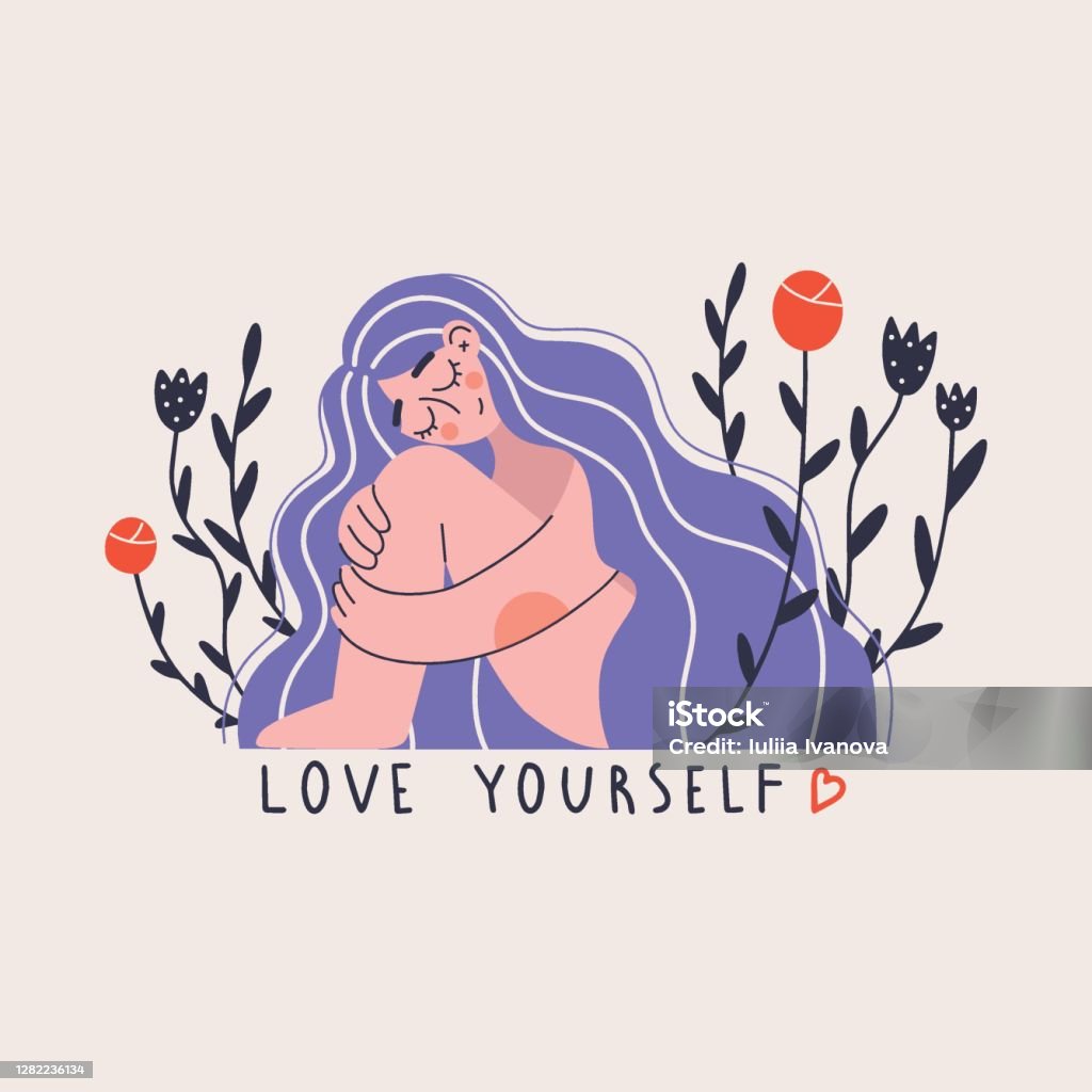 Love Yourself Woman Hugging Herself Lettering Love Your Body Concept