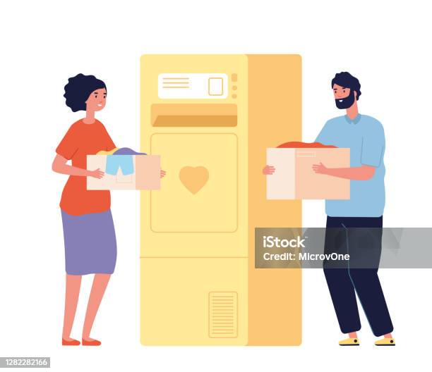 Orangorang Dengan Kotak Sumbangan Bank Amal Pakaian Atau Tempat Sampah