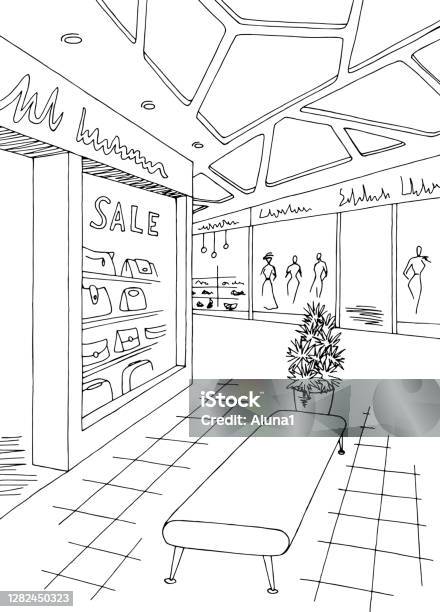 Pusat Perbelanjaan Grafis Hitam Putih Interior Sketsa Vertikal