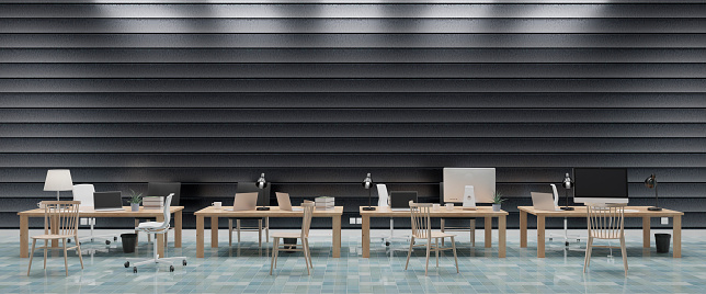 Kantor Modern Dengan Mockup Komputer Layar Hitam Ilustrasi 3d Foto Stok