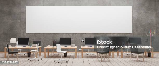 Kantor Modern Dengan Mockup Komputer Layar Hitam Ilustrasi 3d Foto Stok