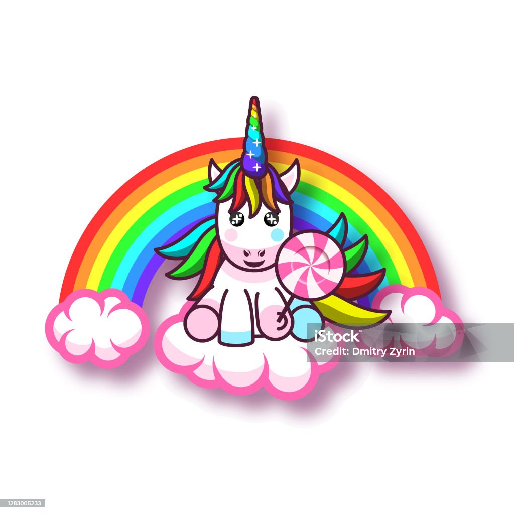 Luar Biasa Kertas Abstrak Potong Warna Lucu Unicorn Pada Awan Tanduk Permen Bayangan Vektor