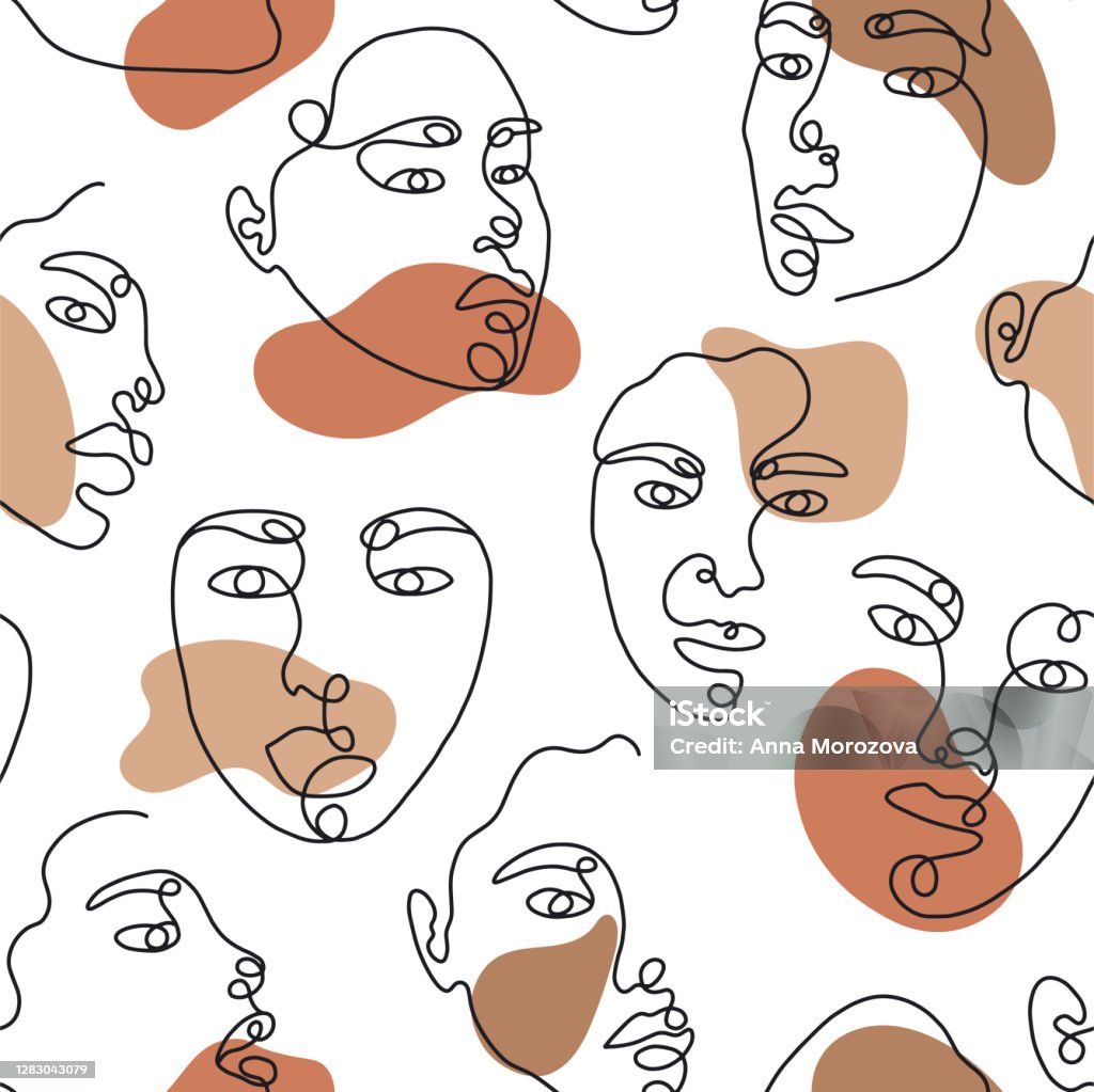 One Line Drawing Abstract Face With Shape Seamless Pattern Stock