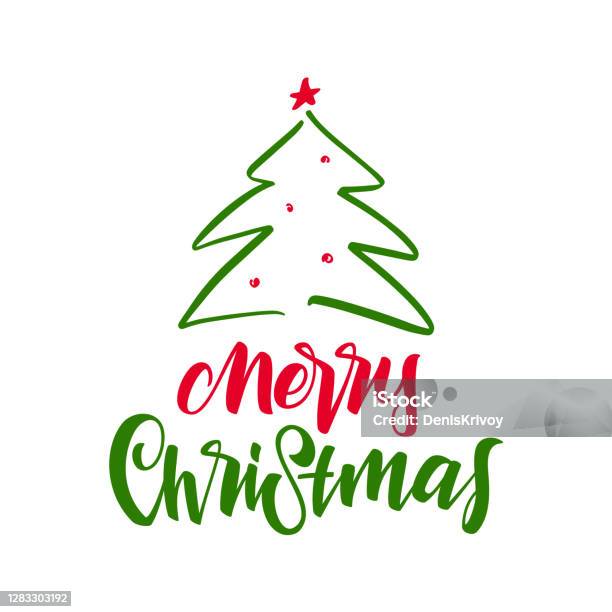 Vector Menulis Tangan Huruf Selamat Natal Dengan Pohon Natal Dihiasi