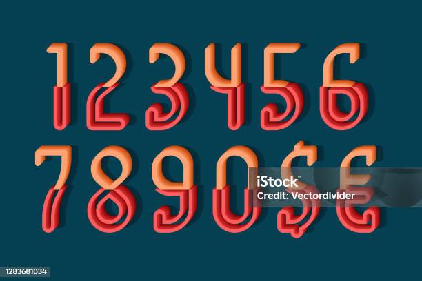 Angka Merah Oranye Volumetrik Dan Tanda Mata Uang Dua Bagian Font