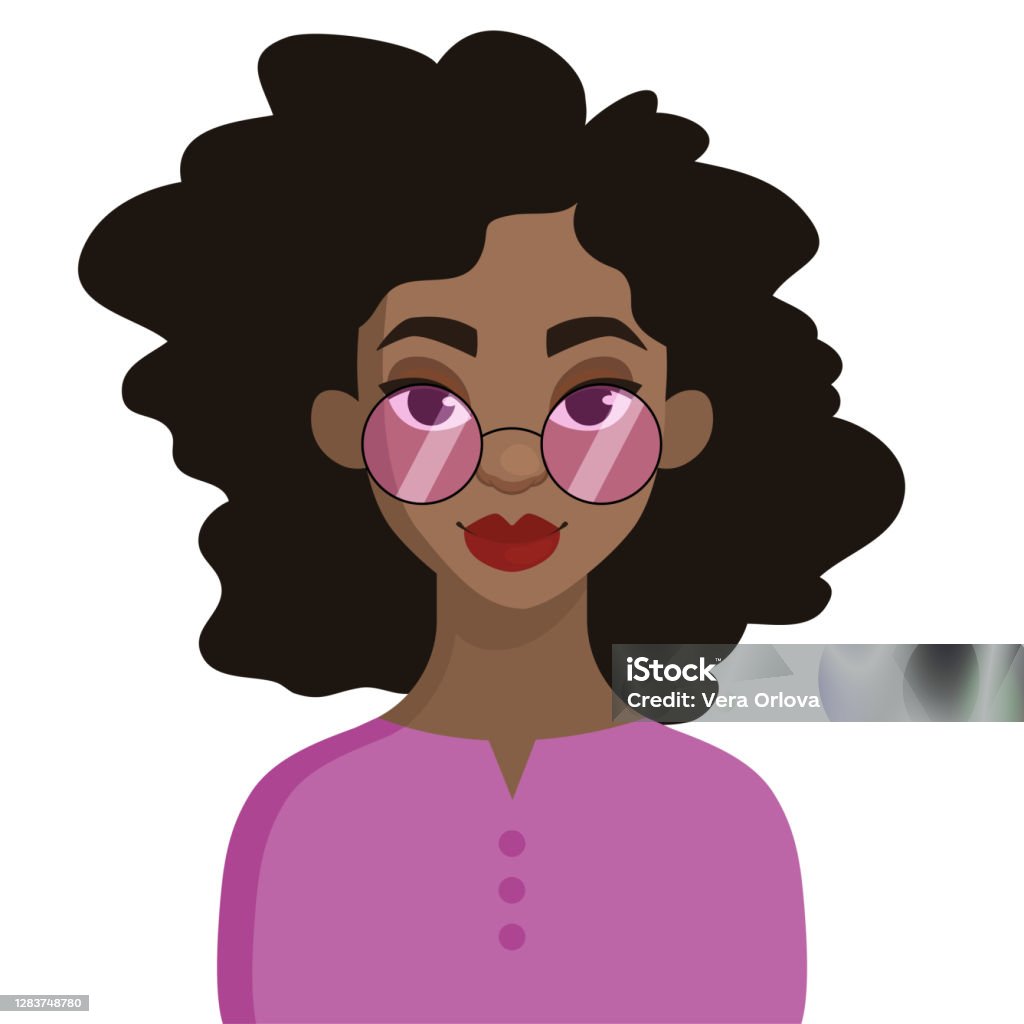 Gadis Kartun Dengan Rambut Keriting Dalam Kacamata Hitam Merah Muda Ilustrasi Mode Vektor