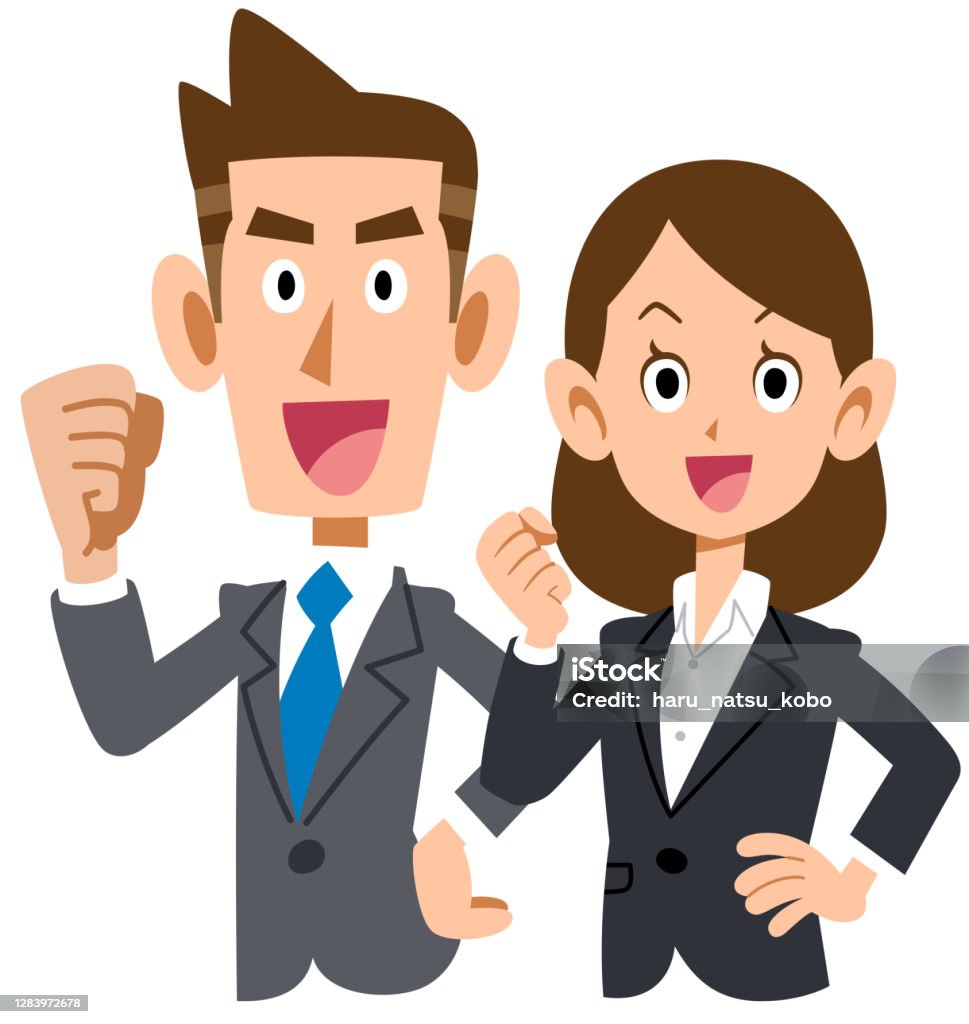 ガッツが横向きにポーズをとる男性と女性のビジネスパーソン上半身 イラストレーションのベクターアート素材や画像を多数ご用意