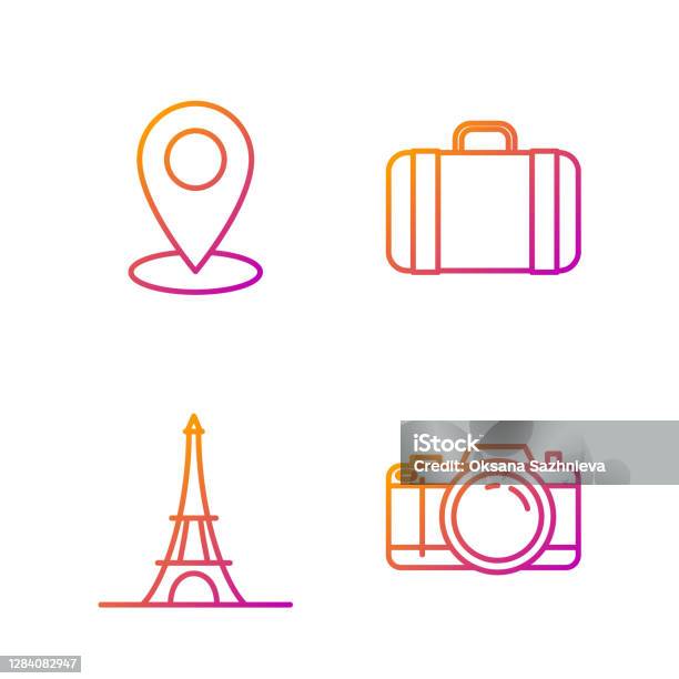 Vetores De Set Line Câmera Fotográfica Torre Eiffel Pin Do Mapa E Mala